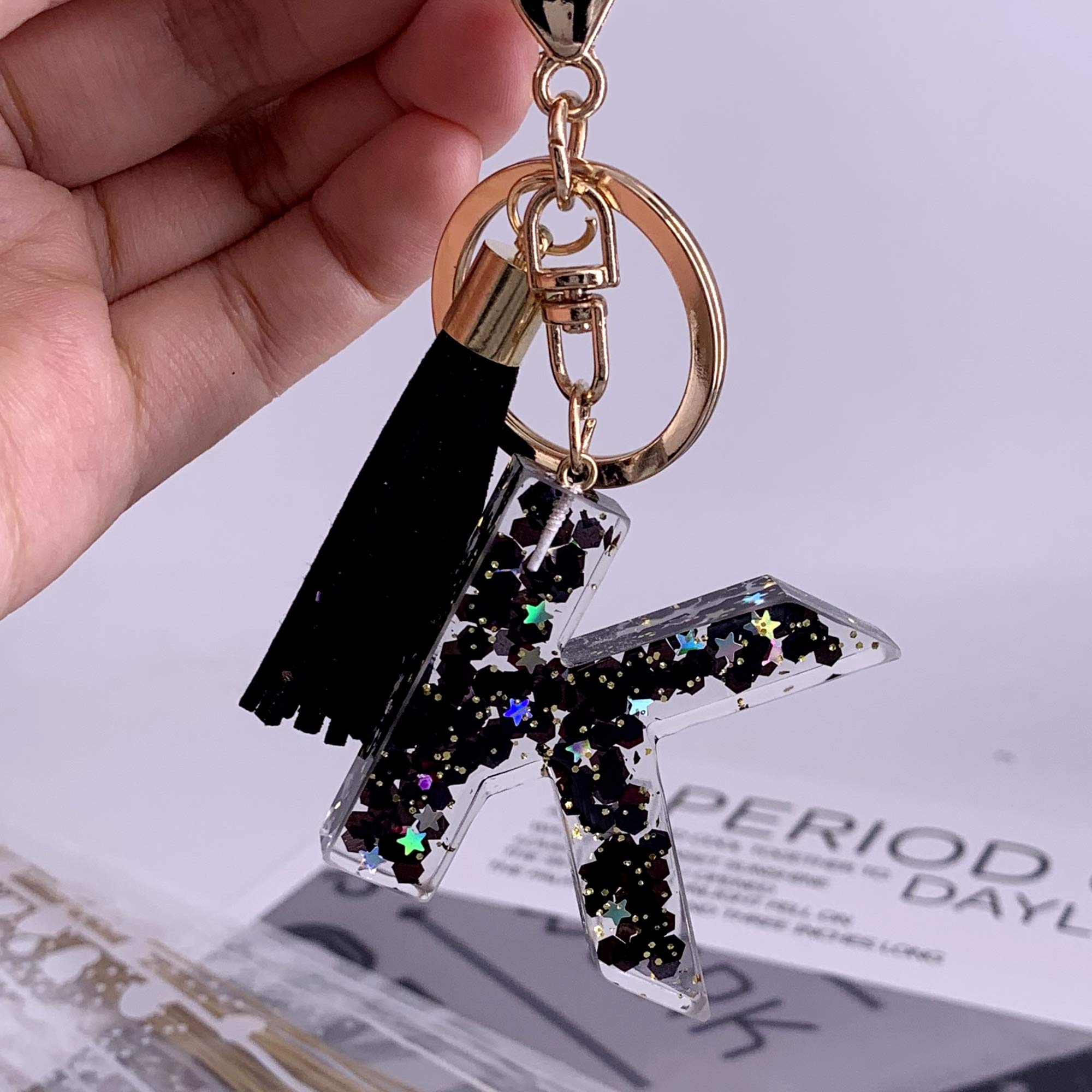 SELOVO Initial K Key Chain Letter Black Charm Tassel Keychain for Handbag