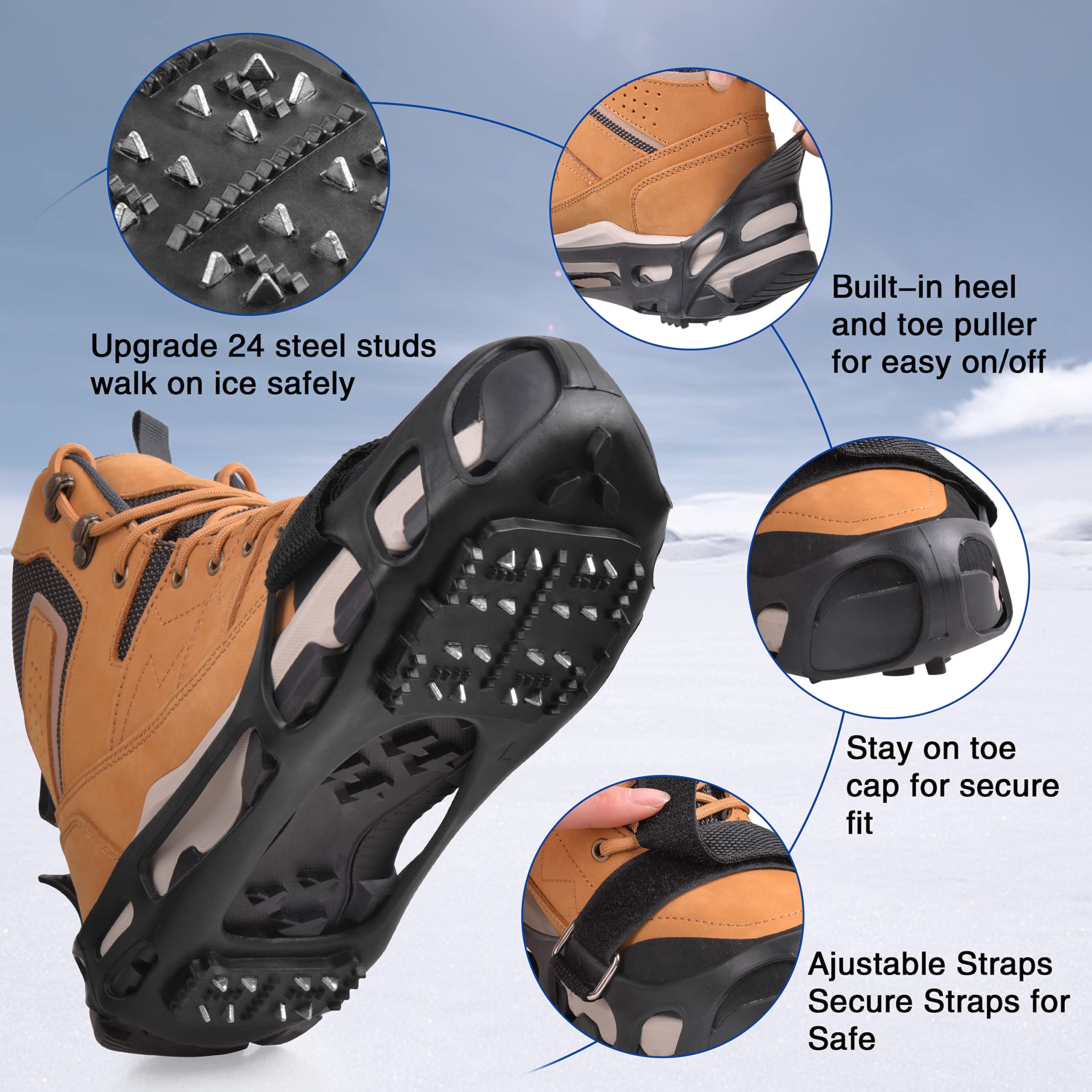 Ice Cleats Snow Traction Cleats Crampons for Walking on Snow and Ice 24 Steel Cleat for Boots Shoes Men Women Kids Anti Slip Stretch Footwear for Hiking Jogging (Strap, Size L)