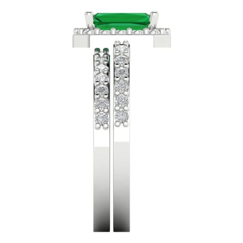 Clara Pucci 2.20ct Emerald Cut Halo Solitaire Simulated Emerald Engagement Promise Anniversary Bridal Ring Band set 14k White Gold 9.25