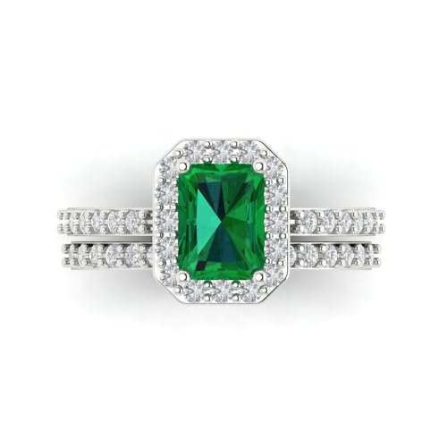 Clara Pucci 2.20ct Emerald Cut Halo Solitaire Simulated Emerald Engagement Promise Anniversary Bridal Ring Band set 14k White Gold 9.25