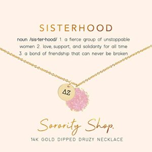 sorority shop dz necklace - delta zeta pink druzy gemstone necklace with engraved pendant – 14k gold dipped jewelry with pink gemstone – sorority gift, charm paraphernalia