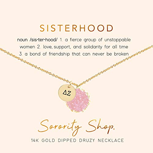 Sorority Shop DZ Necklace - Delta Zeta Pink Druzy Gemstone Necklace With Engraved Pendant – 14K Gold Dipped Jewelry with Pink Gemstone – Sorority Gift, Charm Paraphernalia