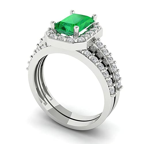 Clara Pucci 2.20ct Emerald Cut Halo Solitaire Simulated Emerald Engagement Promise Anniversary Bridal Ring Band set 14k White Gold 9.25