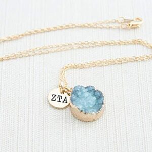 Sorority Shop ZTA Necklace - Zeta Tau Alpha Blue Druzy Gemstone Necklace With Engraved Pendant – 14K Gold Dipped Jewelry with Blue Gemstone – Sorority Gift, Charm Paraphernalia