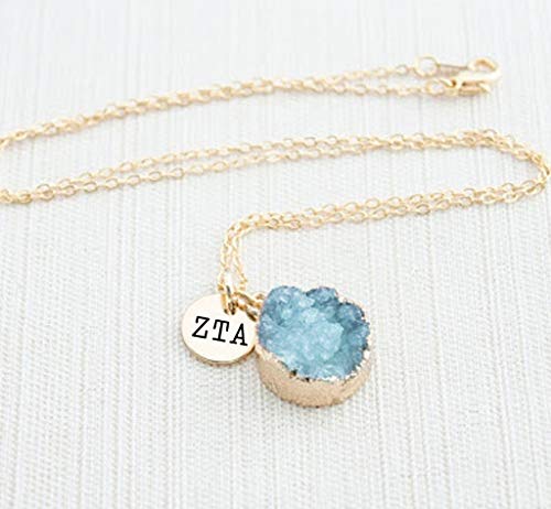 Sorority Shop ZTA Necklace - Zeta Tau Alpha Blue Druzy Gemstone Necklace With Engraved Pendant – 14K Gold Dipped Jewelry with Blue Gemstone – Sorority Gift, Charm Paraphernalia