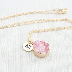 Sorority Shop DZ Necklace - Delta Zeta Pink Druzy Gemstone Necklace With Engraved Pendant – 14K Gold Dipped Jewelry with Pink Gemstone – Sorority Gift, Charm Paraphernalia