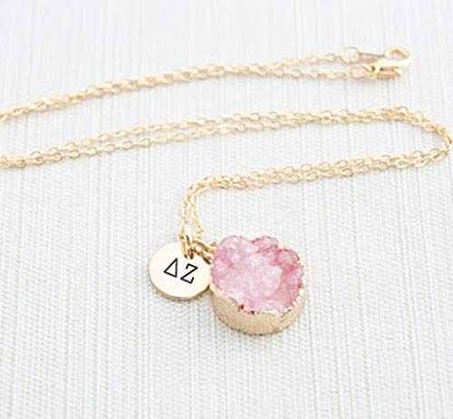 Sorority Shop DZ Necklace - Delta Zeta Pink Druzy Gemstone Necklace With Engraved Pendant – 14K Gold Dipped Jewelry with Pink Gemstone – Sorority Gift, Charm Paraphernalia