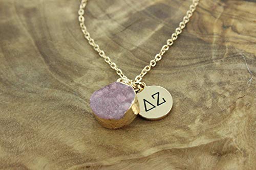 Sorority Shop DZ Necklace - Delta Zeta Pink Druzy Gemstone Necklace With Engraved Pendant – 14K Gold Dipped Jewelry with Pink Gemstone – Sorority Gift, Charm Paraphernalia