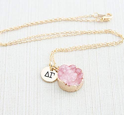 Sorority Shop DG Necklace - Delta Gamma Pink Druzy Gemstone Necklace With Engraved Pendant – 14K Gold Dipped Jewelry with Pink Gemstone – Sorority Gift, Charm Paraphernalia