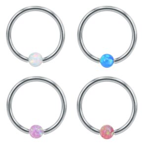 piercingpops 4pcs 16g opal nose ring stainless steel captive bead septum ring helix cartilage earrings hoop piercing jewelry (16g- 10mm diameter)