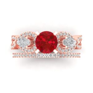 clara pucci 1.94 carat round cut solitaire 3 stone simulated red ruby wedding anniversary bridal ring band set 14k rose gold 10.25