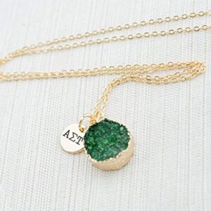 Sorority Shop AST Necklace - Alpha Sigma Tau Green Druzy Gemstone Necklace With Engraved Pendant – 14K Gold Dipped Jewelry with Green Gemstone – Sorority Gift, Charm Paraphernalia