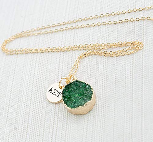 Sorority Shop AST Necklace - Alpha Sigma Tau Green Druzy Gemstone Necklace With Engraved Pendant – 14K Gold Dipped Jewelry with Green Gemstone – Sorority Gift, Charm Paraphernalia