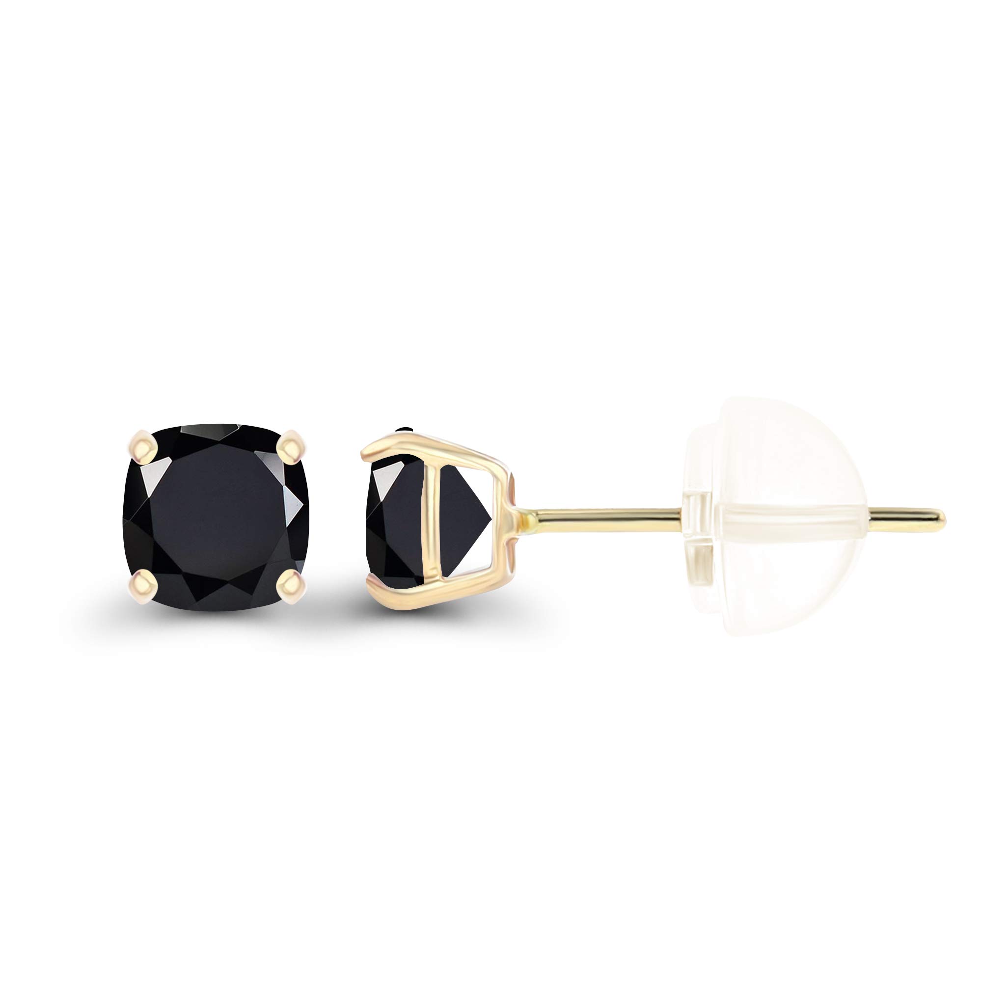 Solid 14K Yellow Gold 4mm Cushion Natural Black Onyx December Birthstone Genuine Stud Earrings For Women