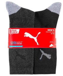 puma men's crew sock, 8 pair (black) fits shoe size (6-12)