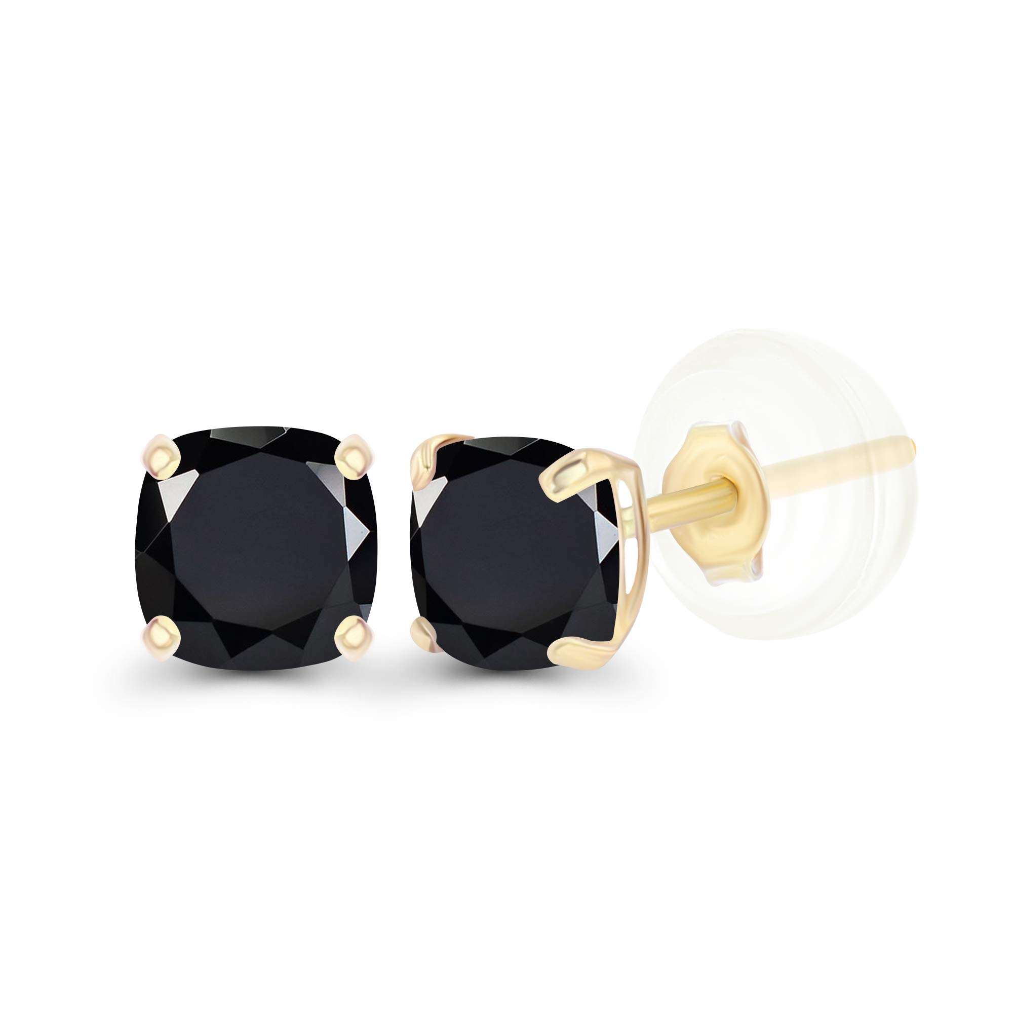 Solid 14K Yellow Gold 4mm Cushion Natural Black Onyx December Birthstone Genuine Stud Earrings For Women