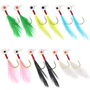 yzd 12 piece crappie jig head fishing lure hook with feather fly fishing panfish sunfish hair jig bait 1/16oz (6 color mix)