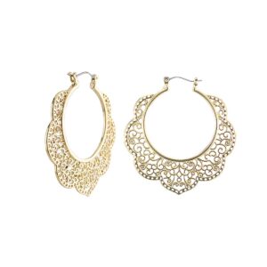 bohemian boho filigree hoop earrings for women – intricate & delicate cutout design details – tribal floral gypsy lightweight geometric metallic statement earrings (outer floral - gold)