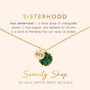 sorority shop ast necklace - alpha sigma tau green druzy gemstone necklace with engraved pendant – 14k gold dipped jewelry with green gemstone – sorority gift, charm paraphernalia