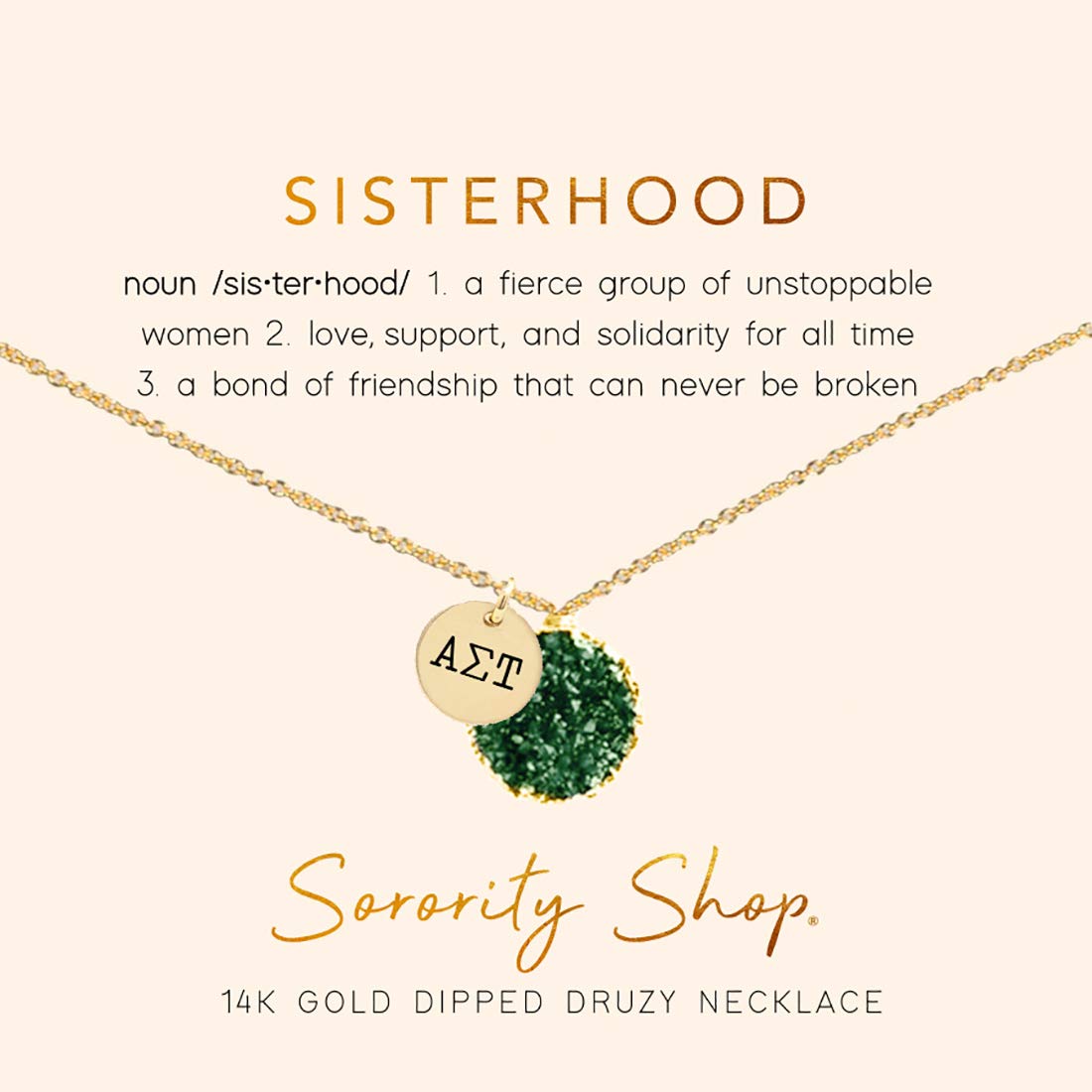 Sorority Shop AST Necklace - Alpha Sigma Tau Green Druzy Gemstone Necklace With Engraved Pendant – 14K Gold Dipped Jewelry with Green Gemstone – Sorority Gift, Charm Paraphernalia