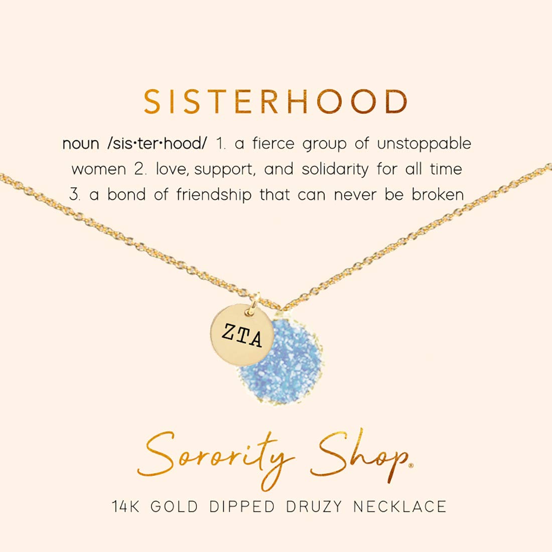 Sorority Shop ZTA Necklace - Zeta Tau Alpha Blue Druzy Gemstone Necklace With Engraved Pendant – 14K Gold Dipped Jewelry with Blue Gemstone – Sorority Gift, Charm Paraphernalia