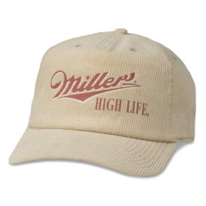 american needle miller high life beer baseball adjustable dad hat, printed corduroy, khaki (miller-2006b-khak)