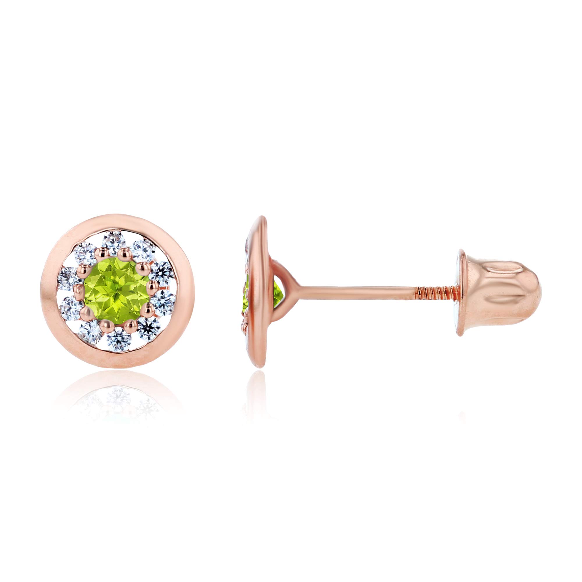 Solid 14K Rose Gold 6mm Circle 2.50mm Natural Green Peridot August Birthstone Screwback Stud Earrings For Women | 1mm Created White Sapphire Pave Circle Screwback Earrings For Women