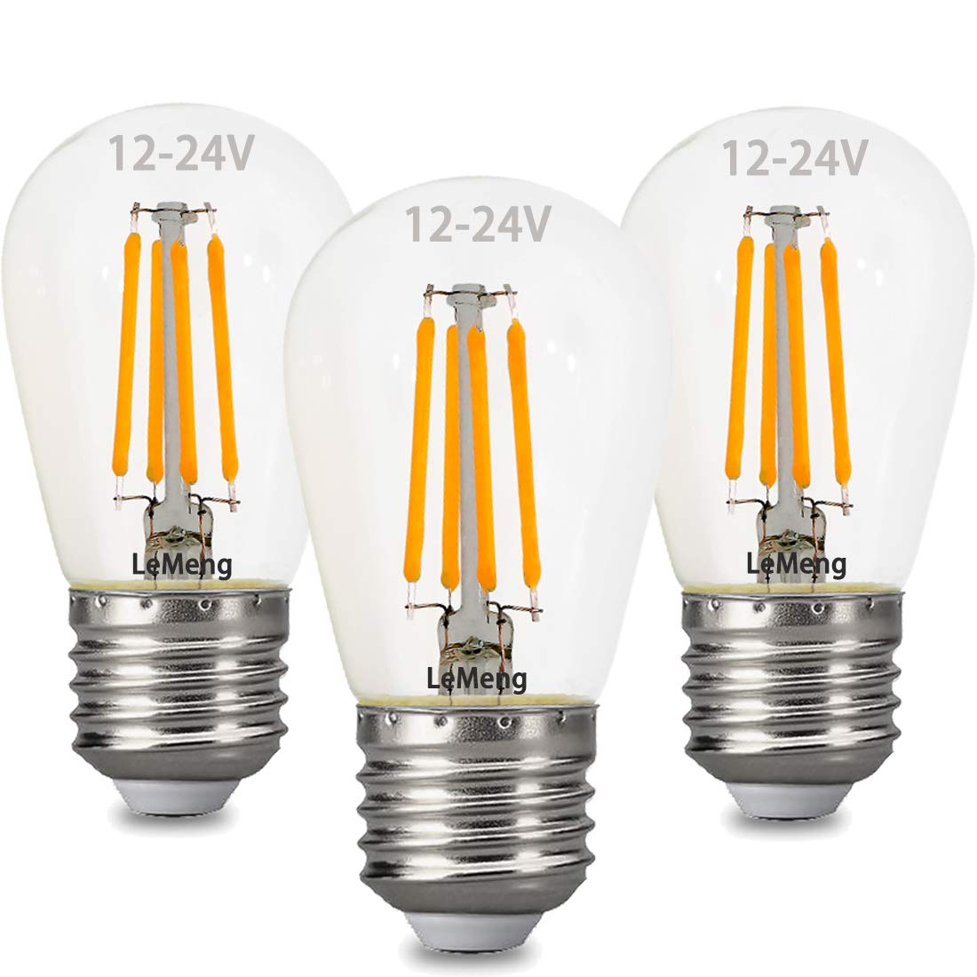 LEMENG 12volt LED Light Bulb 4W Edison Filament Vintage ac/dc12V 24V Low Voltage(3000K Warm White) E26 Base for Landscape RV Camper Marine Battery Power System Off Grid Solar Lighting-Pack of 3