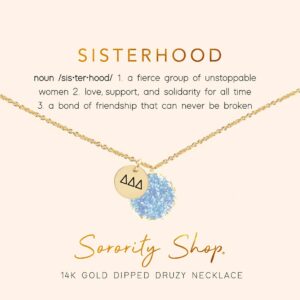 sorority shop ddd necklace - delta delta delta light blue druzy gemstone necklace with engraved pendant – 14k gold dipped jewelry with light blue gemstone – sorority gift, charm paraphernalia