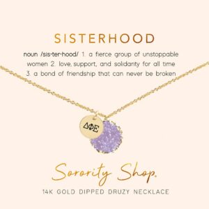 sorority shop dpe necklace - delta phi epsilon purple druzy gemstone necklace with engraved pendant – 14k gold dipped jewelry with purple gemstone – sorority gift, charm paraphernalia