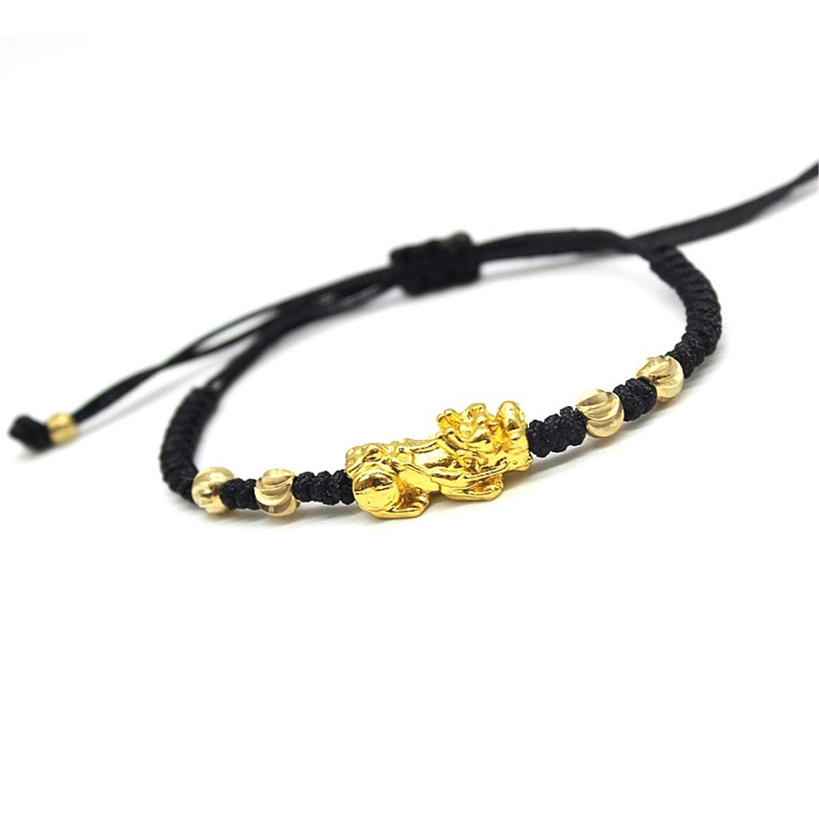 N/Q Handmade Carved Mantra Stone Pi Xiu Feng Shui Black Obsidian Wealth Lucky Bracelet for Women Men Adjustable 14K Gold Plated Braided Rope Amulet Bracelet Protection Jewelry-C black red