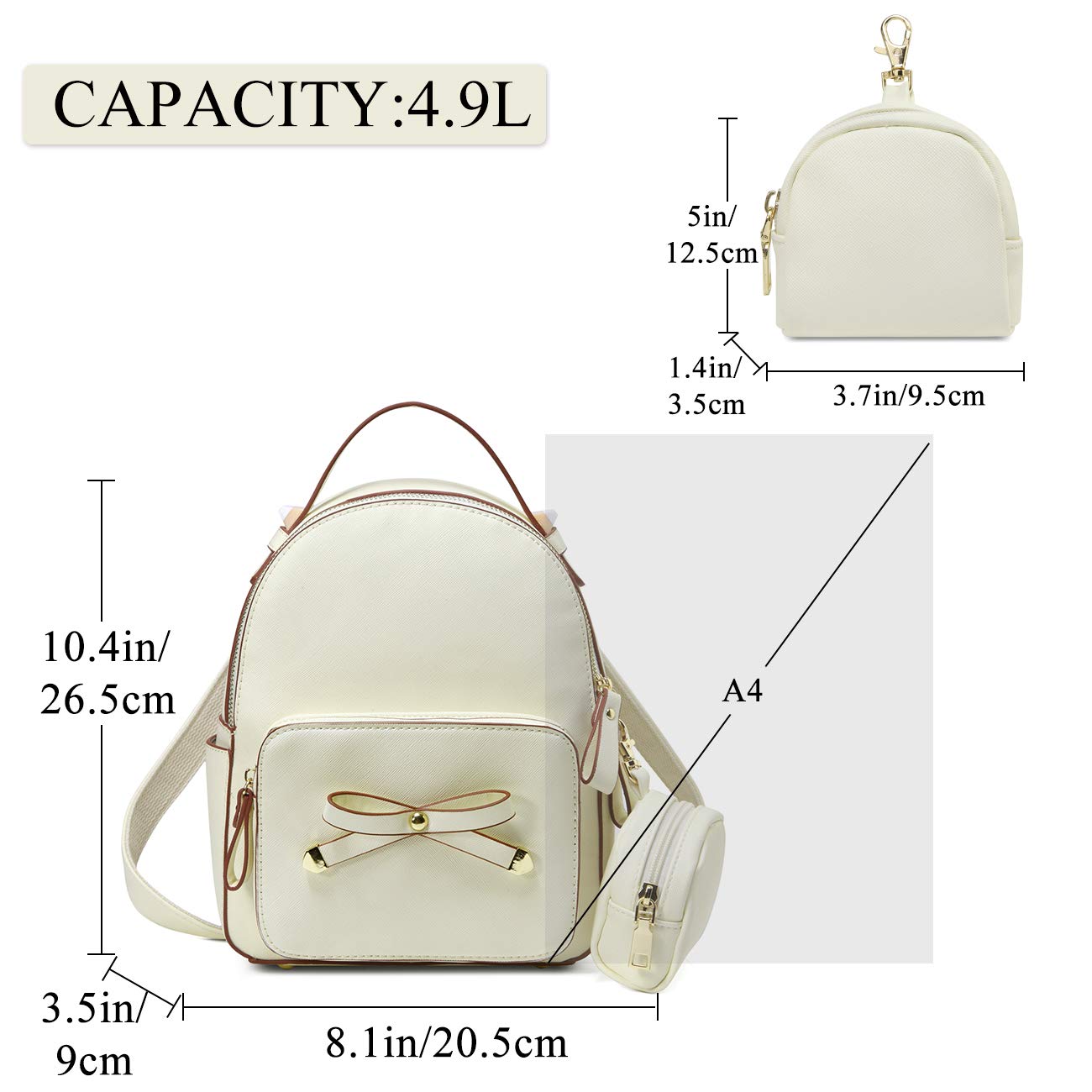 VASCHY Backpack Purse Cute Small Bow-knot Mini Backpack for Women with Detachable Coin Pouch Gift Beige