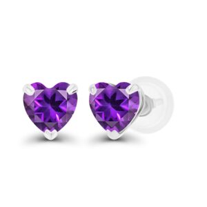 solid 14k white gold 5mm heart natural purple amethyst february birthstone genuine stud earrings for women