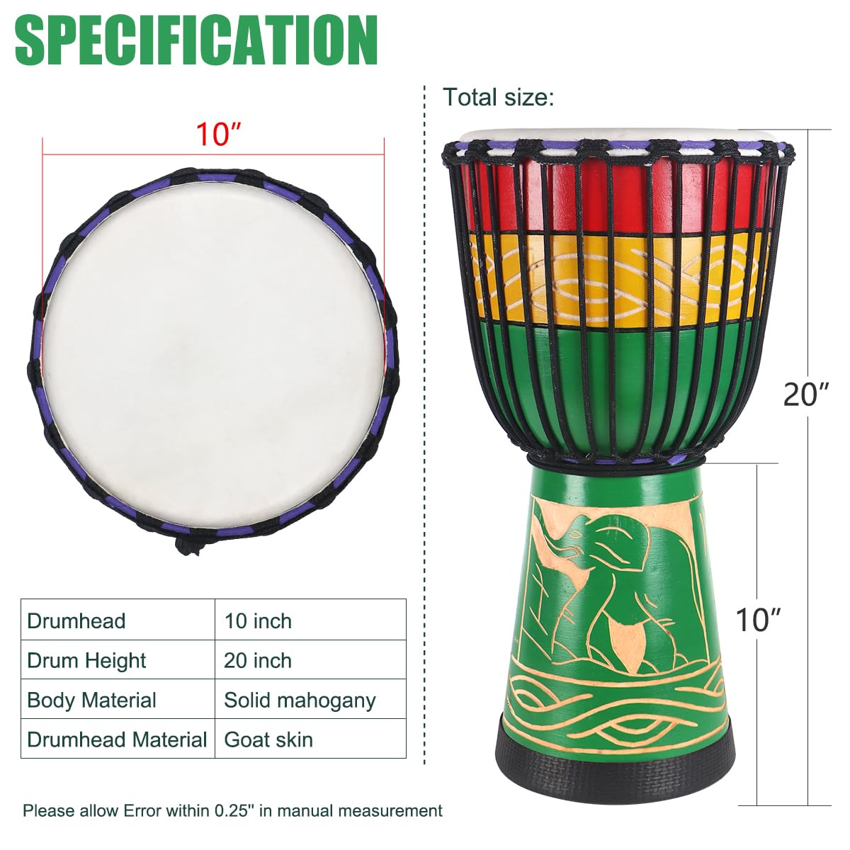 lotmusic African Djembe Drum, Standard 10'' Hand-Carved Mahogany Congo Drum, Professional Bongo Drum With Goatskin Drumhead for Adults