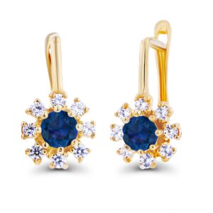 solid 14k yellow gold round 3mm created blue sapphire september birthstone flower huggie earrings for women & 1mm created white sapphire flower huggie hoop earrings for women