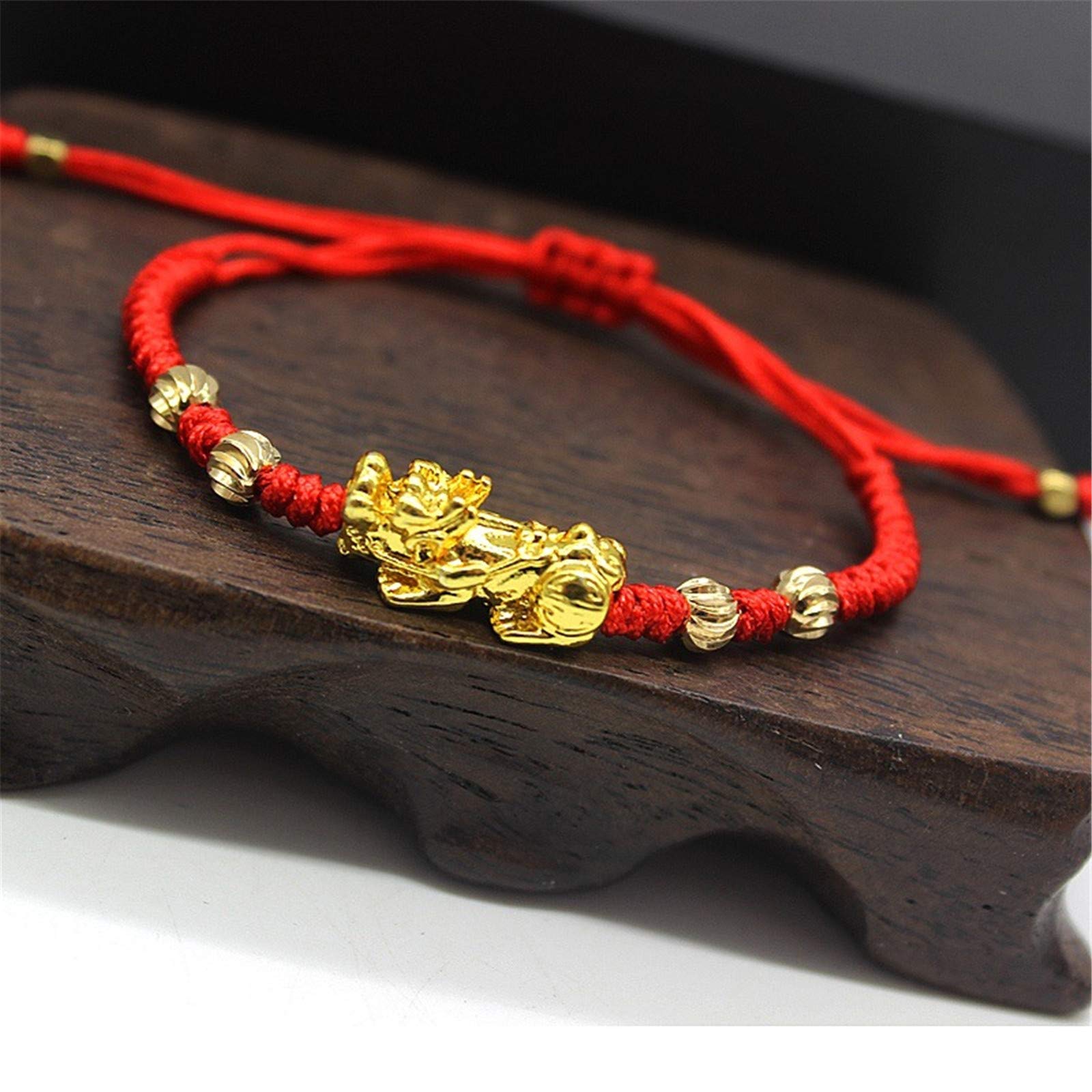 N/Q Handmade Carved Mantra Stone Pi Xiu Feng Shui Black Obsidian Wealth Lucky Bracelet for Women Men Adjustable 14K Gold Plated Braided Rope Amulet Bracelet Protection Jewelry-C black red