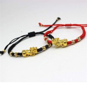 N/Q Handmade Carved Mantra Stone Pi Xiu Feng Shui Black Obsidian Wealth Lucky Bracelet for Women Men Adjustable 14K Gold Plated Braided Rope Amulet Bracelet Protection Jewelry-C black red