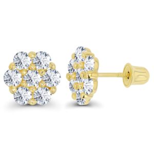 solid 14k yellow gold 8mm cluster flower created white sapphire birthstone flower screwback stud earrings for women | 2.50mm round birthstone | 14k gold cluster screwback earrings for women