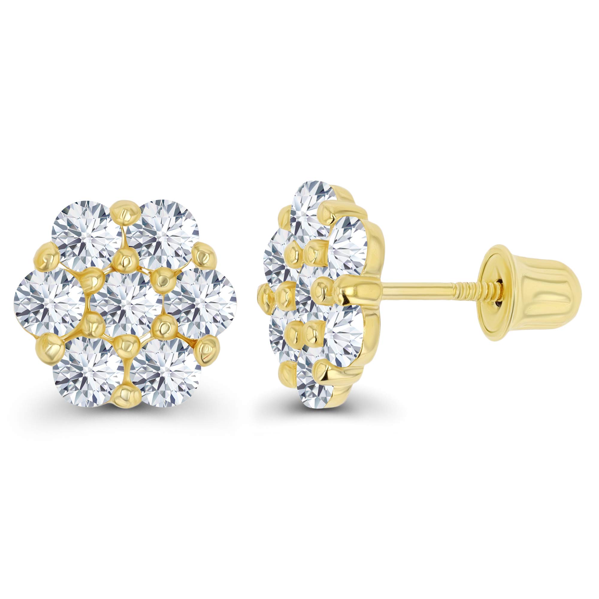 Solid 14K Yellow Gold 8mm Cluster Flower Created White Sapphire Birthstone Flower Screwback Stud Earrings For Women | 2.50mm Round Birthstone | 14K Gold Cluster Screwback Earrings For Women