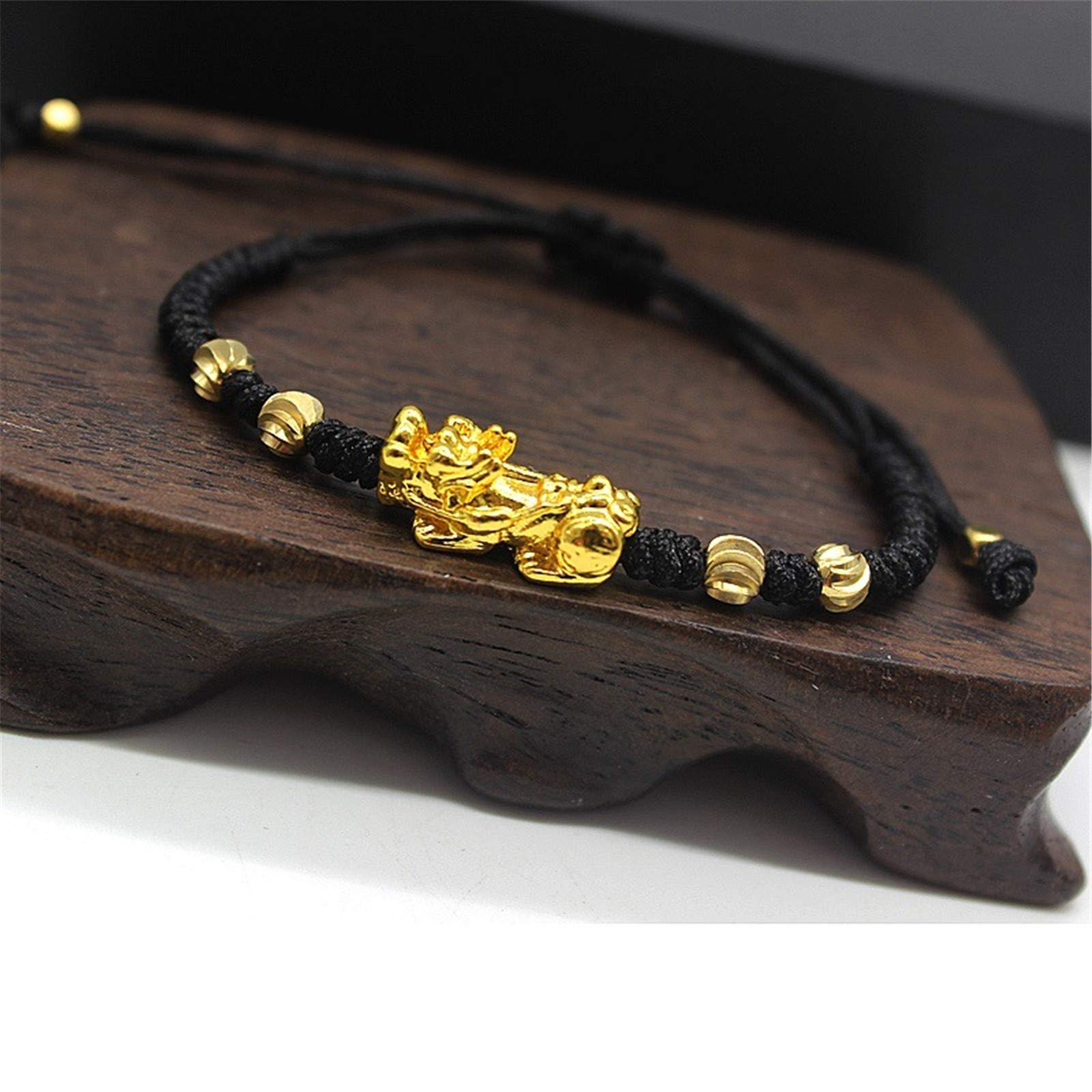 N/Q Handmade Carved Mantra Stone Pi Xiu Feng Shui Black Obsidian Wealth Lucky Bracelet for Women Men Adjustable 14K Gold Plated Braided Rope Amulet Bracelet Protection Jewelry-C black red