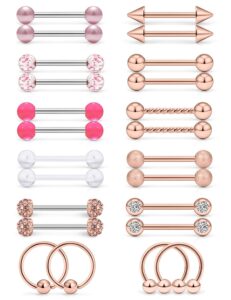 lcolyoli 24pcs 14g nipple rings stainless steel nipplerings elegant cz tongue rings straight barbell retainer body piercing jewelry for women 9/16inch rose gold