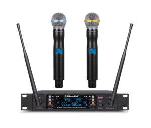 gtd audio 2x100 adjustable channels uhf wireless microphone, rang up to 400fts dj karaoke system w/metal mics (2 hand mics)