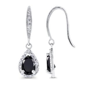 solid 14k white gold 6x4mm pear natural black onyx december birthstone fish hook dangling earrings for women & 1mm created white sapphire halo dangle earrings for women