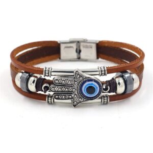 leather evil eye bracelet wristband vintage three-row leather hamsa hand blue eyes bracelet retro multi-layer rope wrap bracelet handmade devil's eye bangle strand bracelet turkish jewelry - style b