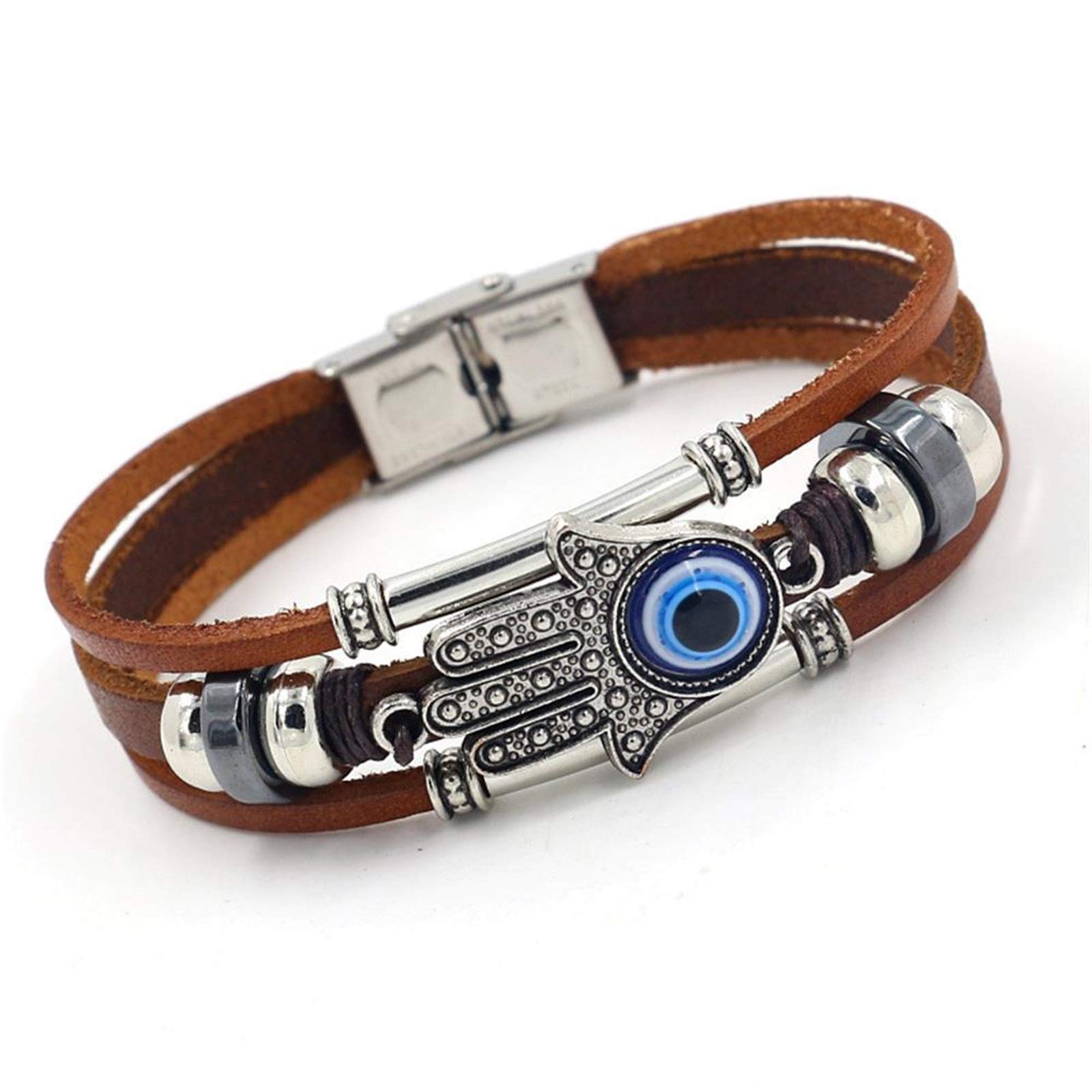 Leather Evil Eye Bracelet Wristband Vintage Three-Row Leather Hamsa Hand Blue Eyes Bracelet Retro Multi-Layer Rope Wrap Bracelet Handmade Devil's Eye Bangle Strand Bracelet Turkish Jewelry - Style B