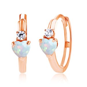 solid 14k rose gold 4mm heart created opal october birthstone huggie earrings for women & 2mm created white sapphire huggie hoop earrings for women