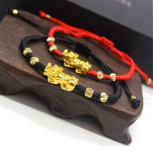 N/Q Handmade Carved Mantra Stone Pi Xiu Feng Shui Black Obsidian Wealth Lucky Bracelet for Women Men Adjustable 14K Gold Plated Braided Rope Amulet Bracelet Protection Jewelry-C black red