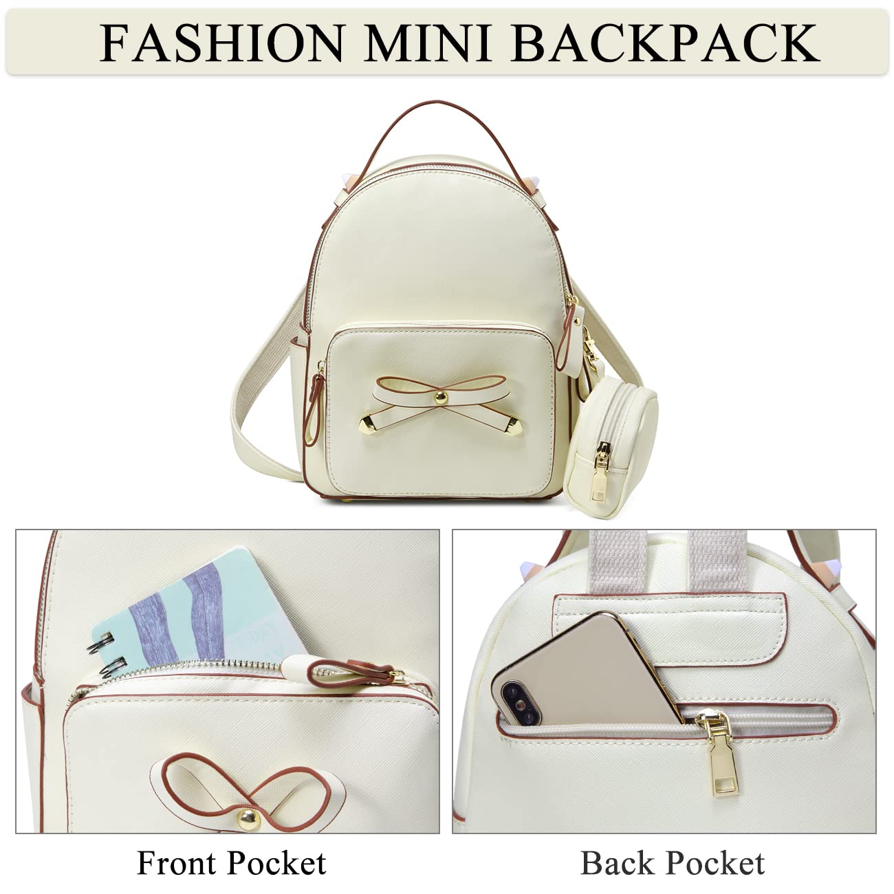 VASCHY Backpack Purse Cute Small Bow-knot Mini Backpack for Women with Detachable Coin Pouch Gift Beige