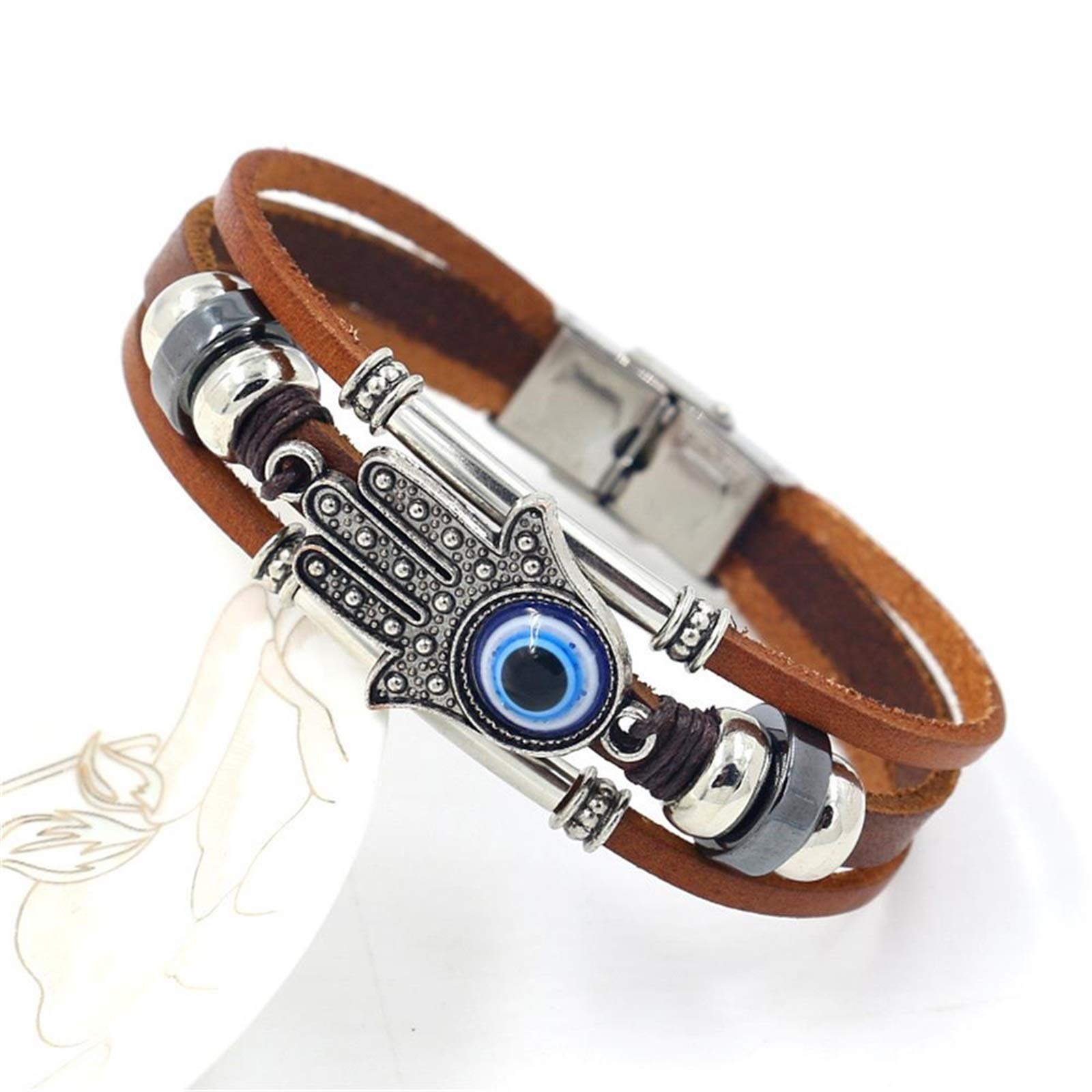 Leather Evil Eye Bracelet Wristband Vintage Three-Row Leather Hamsa Hand Blue Eyes Bracelet Retro Multi-Layer Rope Wrap Bracelet Handmade Devil's Eye Bangle Strand Bracelet Turkish Jewelry - Style B