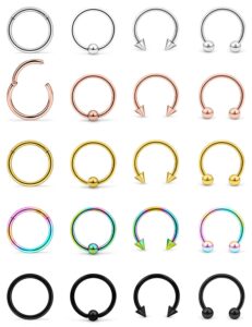 lcolyoli 20pcs 16g surgical steel septum piercing nose hoop clicker ring lip labret conch helix cartilage earring hoop jewelry for women men horseshoe silver-tone black rainbow 10mm 3/8inch